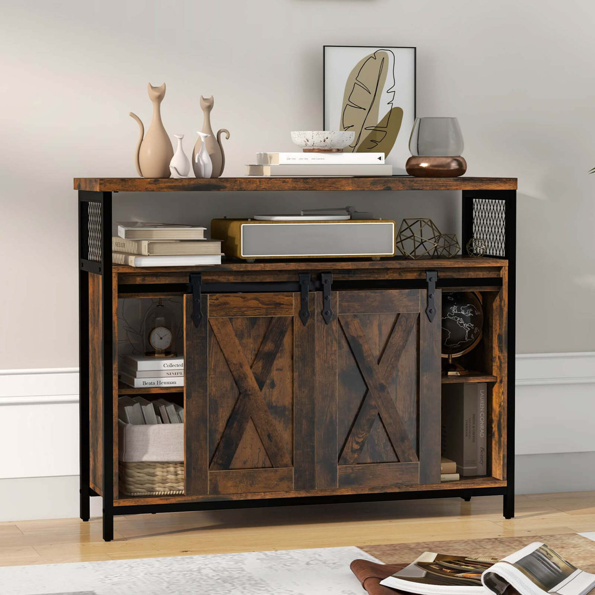 Gracie Oaks Industrial Buffet Sideboard Cabinet With Spacious Table Top Adjustable Shelves ...